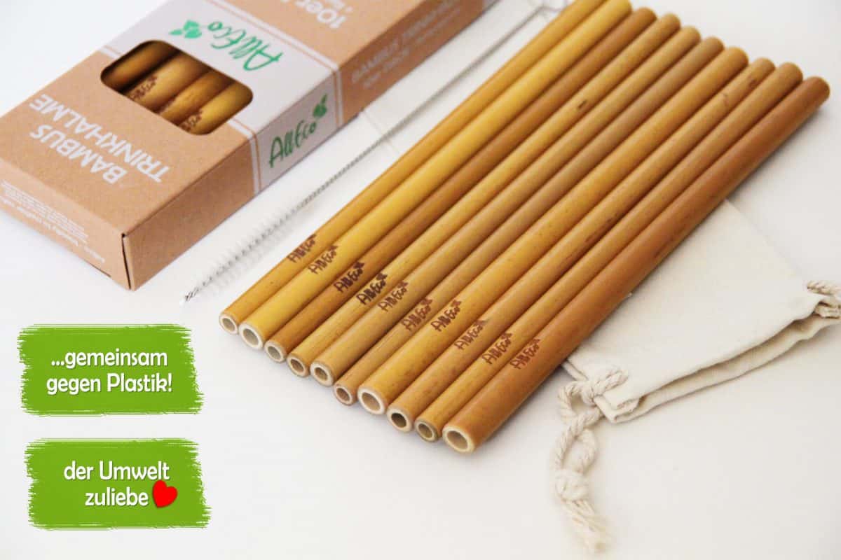 AllEco Bambus Strohhalm 10er Set + Reinigungsbürste + EXTRA Eco-Beutel ...